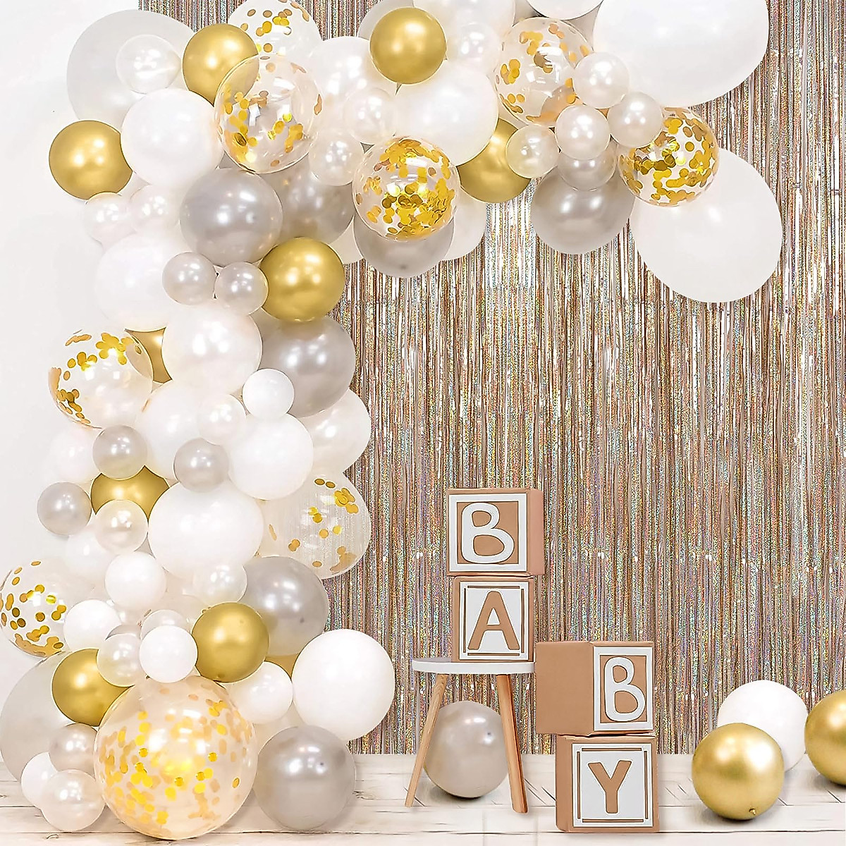 80Pcs Gold White Silver Balloons Garland Arch Kit Different Sizes, Latex Balloons Set for Wedding Birthday Graduation Baby Shower Bachelorette Engagement Anniversary Party Decorations