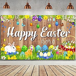 Happy Easter Decorations Easter Backdrops Photography Banner Bunny Grassland Rustic Wood Background Eggs Banner for Jesus Easter Spring Party Decorations, 70.8 x 43.3 Inch