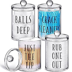 4 Pack Fun Qtip Holder Apothecary Jars with Lids,10 oz Clear Bathroom Organizer Storage for Cotton Swab, Cotton Ball, Floss and Cotton Round Pads, Cotton Ball Holder Bathroom Decor Bathroom Containers