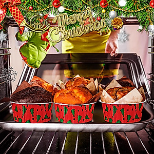 Umigy 100 Pcs Christmas Aluminum Foil Baking Cups with Lids 4.3oz Baking Liner Cups Xmas Disposable Ramekins Muffin Tins Cupcake Baking Pan Foil Cupcake Containers for Christmas Party (Christmas Tree)