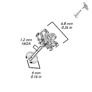 Pierced Owl 16GA 316L Stainless Steel Hollow Flower with CZ Crystal Center Internally Threaded Stud (Gold Tone)