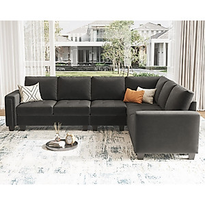 Belffin Grey Velvet L-Shape Sectional Sofa with Reversible Chaise, 107.8'L x 84.2'W x 35.8'H, Modular, Modern, Sofa Couch for Living Room, 5 Seater, Easy Assembly