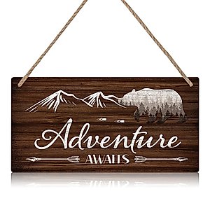 FWIEXA Adventure Awaits Inspirational Quote Sign Hanging, Rustic Wooden Plaque Wall Hanger, Mountain Bear Arrow Decorative Door Sign for Home Garden Store Porch Decor (11''x6'')