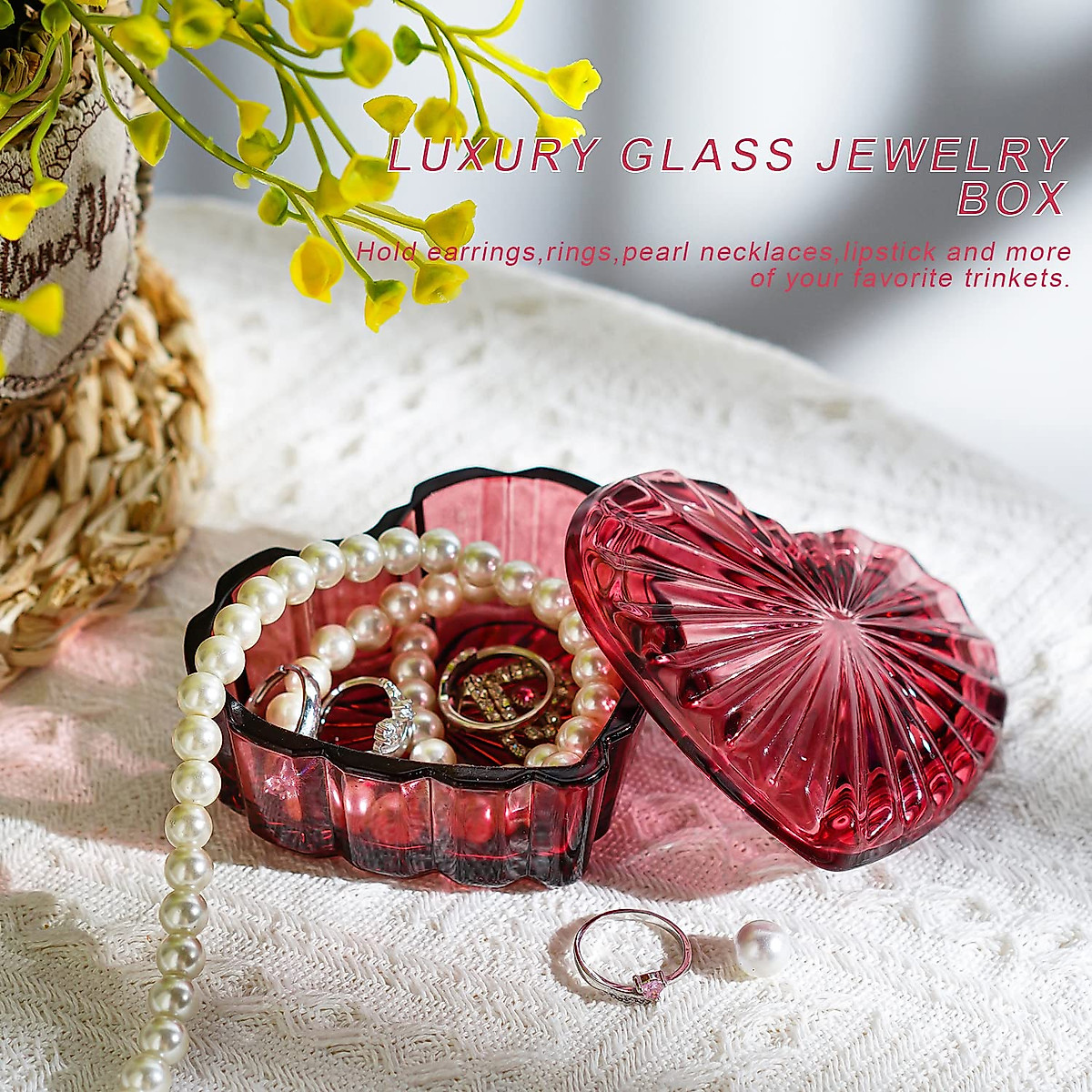 kanpura Crystal Glass Heart-Shaped Jewelry Box,Candy Box with Lid,Women's Covered Earrings Necklace Chest Trinket Storage Box, Glass Storage Jar Gift Box for Women and Girls(Burgundy)
