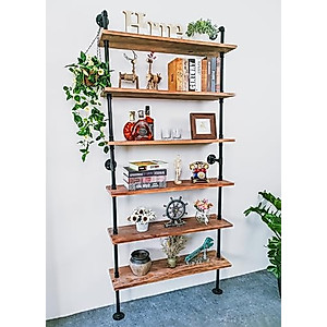 Anynice 6 Tier Industrial Ladder Pipe Shelf Bookcase, Rustic Wall Mounted Pipe Bookshelves for Decor and Storage
