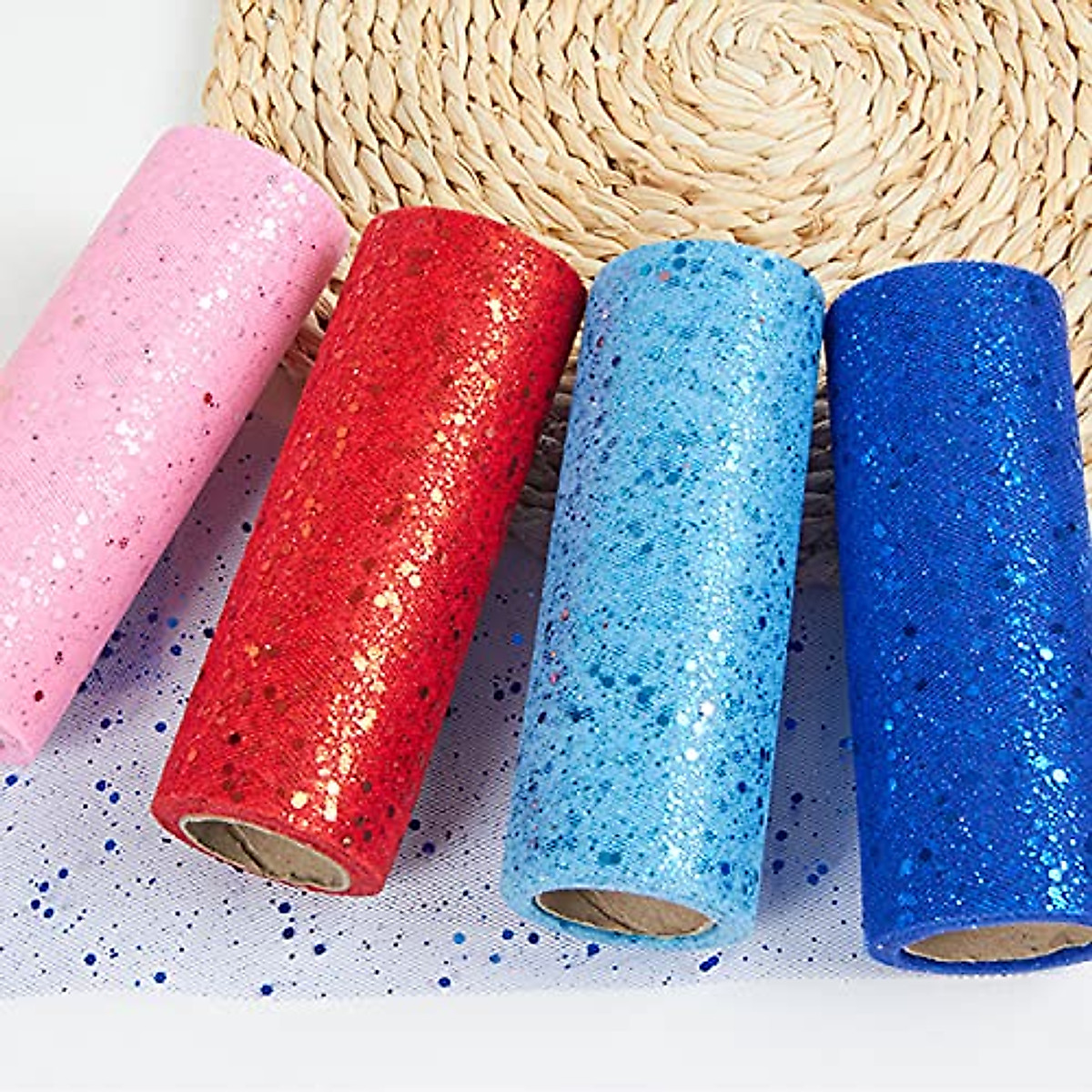 Glitter Tulle Fabric 6 Rolls 6 Inch by 60 Yards Total Sparkle Sequin Mesh Netting Fabric Ribbon Spool for Wedding Birthday Party Baby Shower Decorations DIY Tutus Petticoat Tulle Skirt Table Skirt