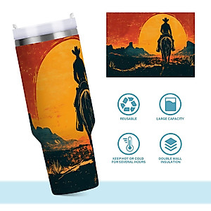 Jihqo Western Cowboys under Sunset 40 oz Stainless Steel Vacuum Insulated Tumbler with Handle and Straw Lid, Leakproof Water Bottle Double Wall Travel Mug Coffee Cup, Cupholder Friendly