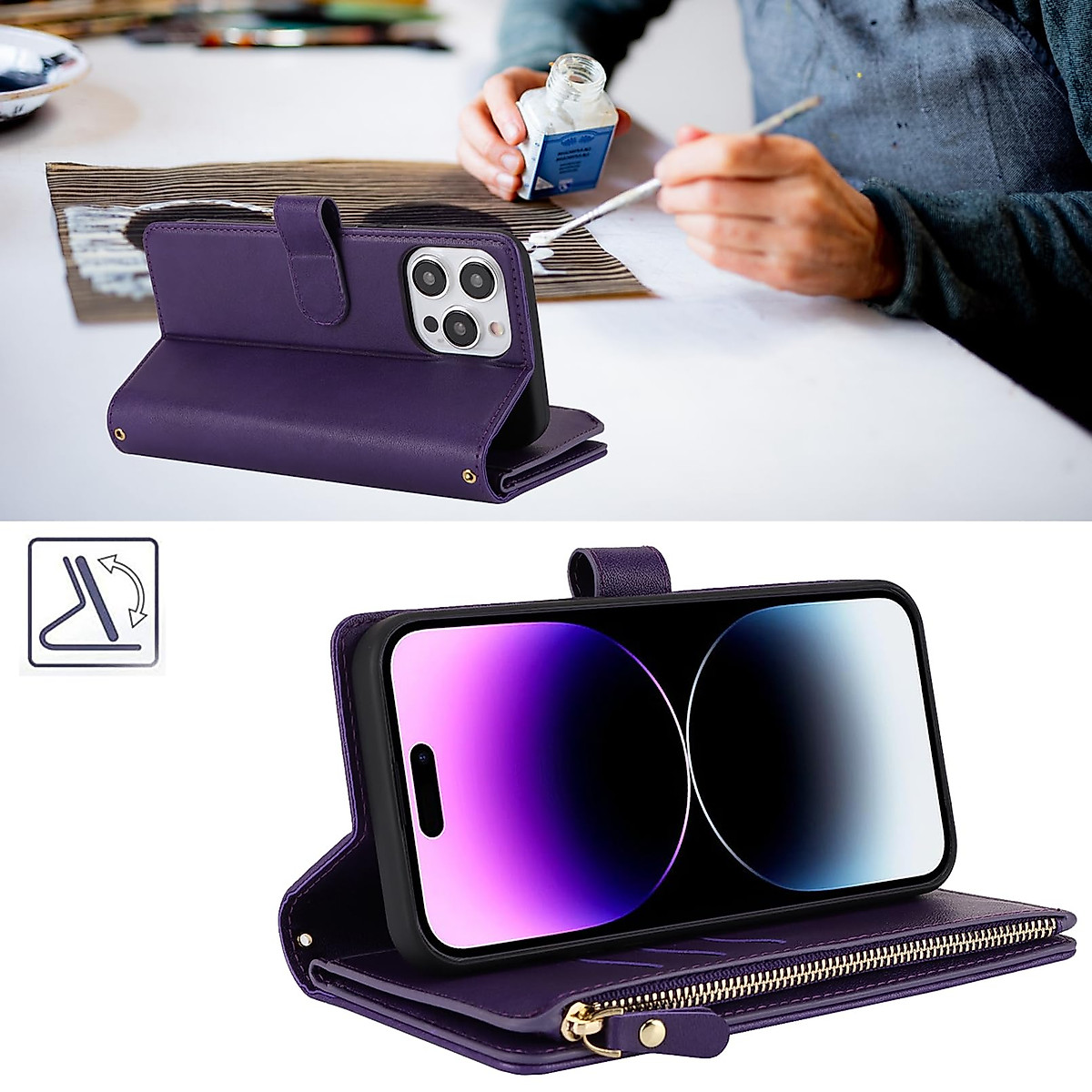Jaorty Crossbody Case for iPhone 15 Pro Max, Purple with Strap Lanyard, Magnetic Flip Leather Wallet Case for Women, 6.7"