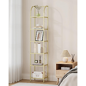 Hzuaneri Bookcase Bookshelf, Tempered Glass Arched Bookshelf for More Storage, Slim Shelving Unit for Bedroom, Bathroom, Home Office, Steel Frame, 6 Tier Gold BC20699G