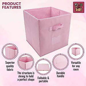 Pink Fabric Storage Cubes | Pack of 4 Organization Baskets with Handles for Home and Office | Foldable Storage Basket Set for Girls, 10.6 x 11.2-Inch