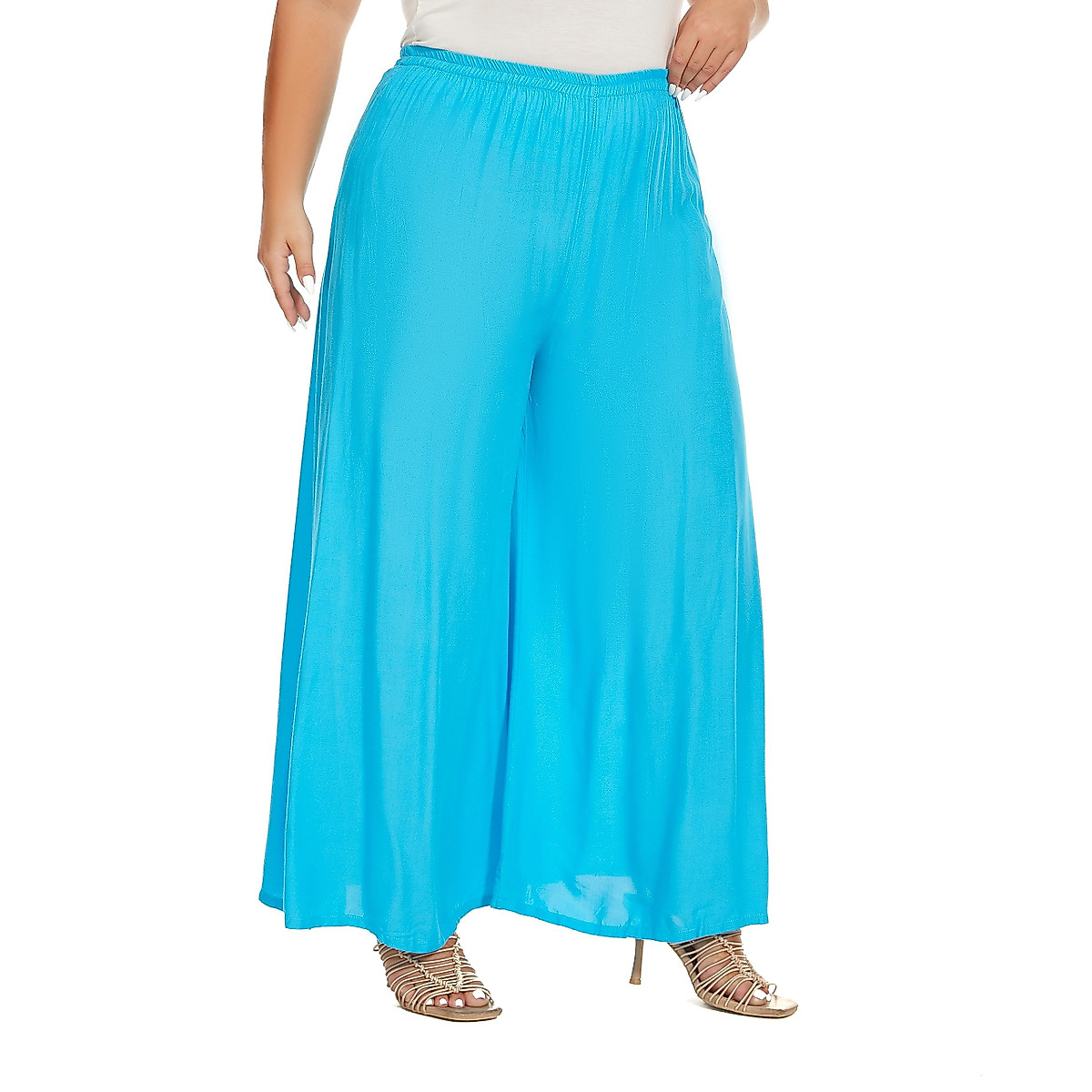 Beautybatik Black Solid Rayon Women Flowy Loose Palazzo Wide Leg Flare Pants Trouser Plus Size 2X