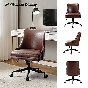 Faux Leather Home Office Chair with Black Metal Base and Nailhead, Modern Comfy Ergonomic Desk Chair with Adjustable Height/Tilt, 360-Degree Swivel, Armless Cute Decoration Vanity Chair, Brown