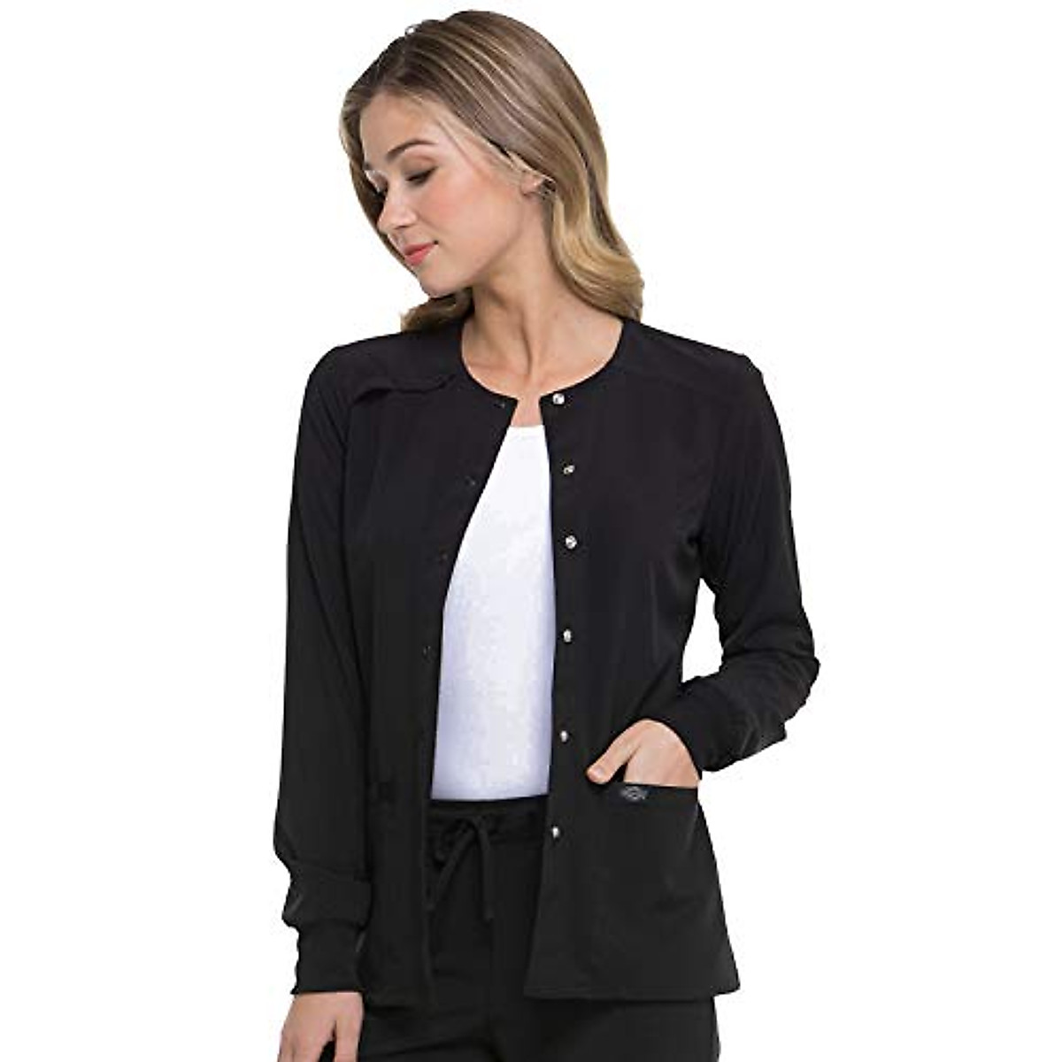 Dickies EDS Essentials Women Warm Up Scrubs Jacket Snap Front DK305, S, Black