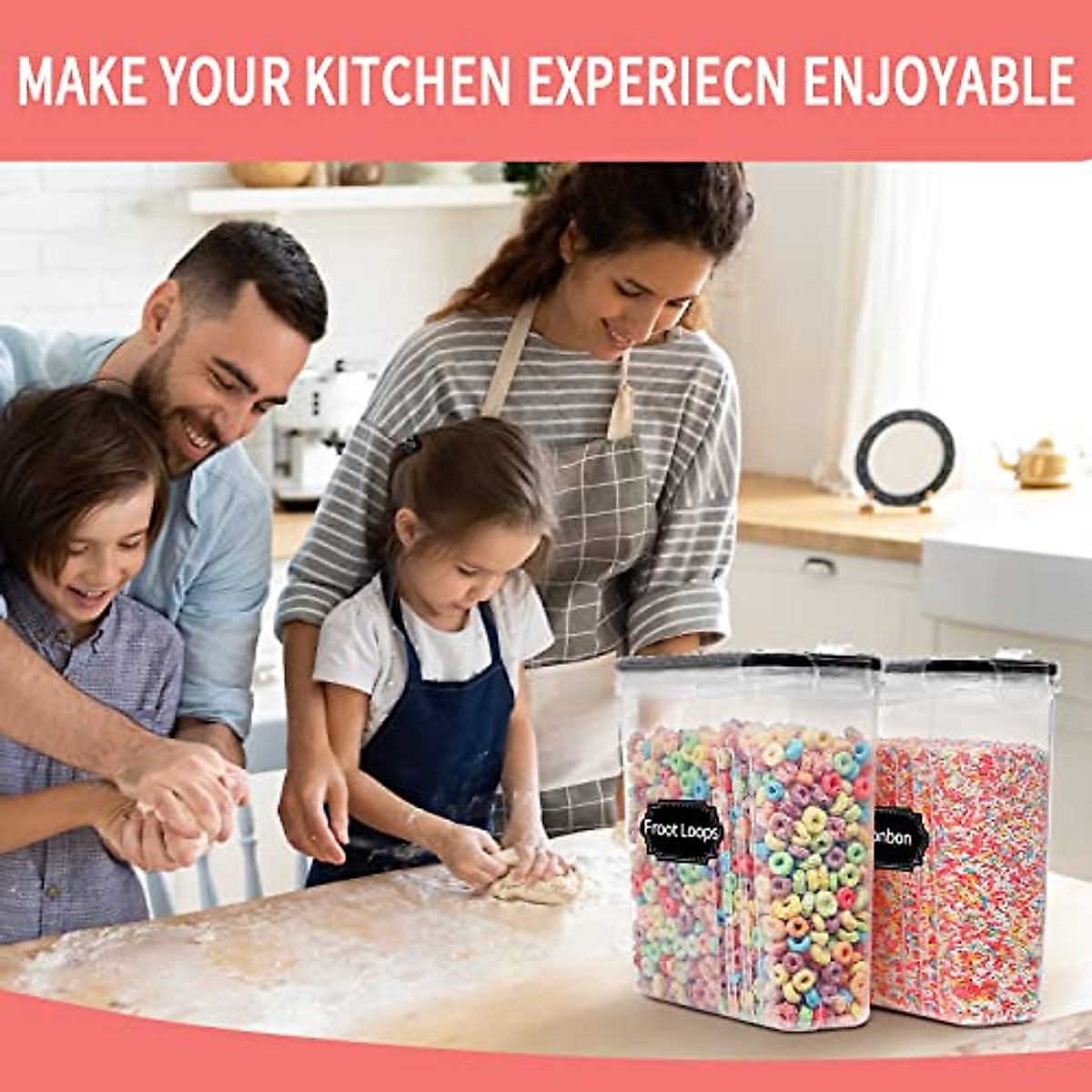 PRAKI Large Dry Food Storage Containers with Lids, 6PCS Airtight Cereal Containers Storage Set, Leak-proof Canister Set for Kitchen Pantry Organization with 20 Labels & Marker (4L Black)