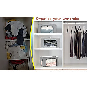 Stackable Clothes Storage Box for Clothing Gadgets,Steel Frame Storage Bins for Toys Gift,Foldable Oxford Fabric Closet Organizer Bag Set with Carry Handles Clear Window (Small- 22L x3 Pack, Grey)