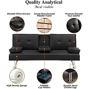 Anwick Modern Leather Futon Sofa Bed,Convertible Folding Couch Recliner Sleeper Loveseat for Small Space,Apartment,Office,Dorm,with Cup Holders and Removable Armrest Black (Black)