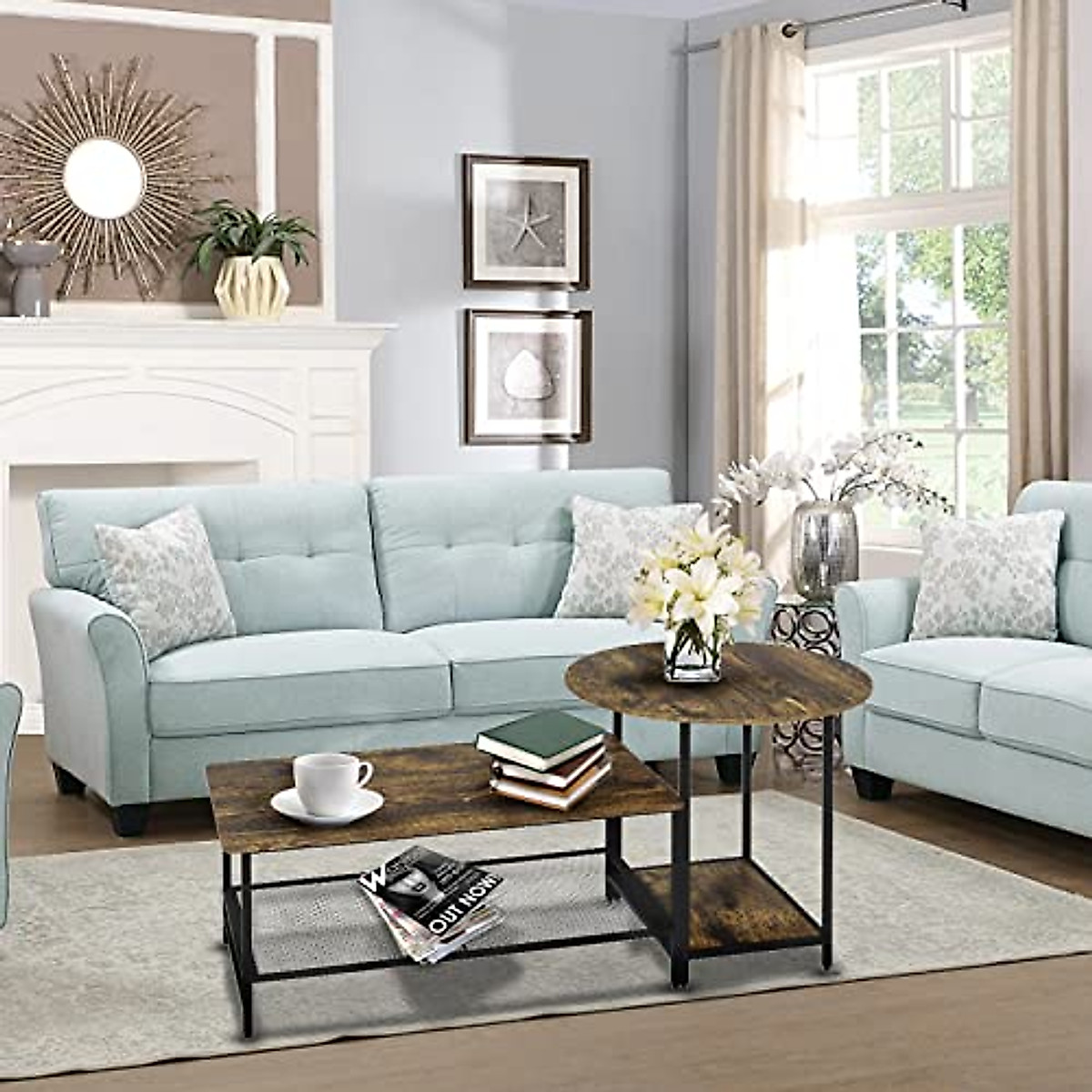 Wolawu Coffee Table Rustic Brown Set of 2 Large Round and Long Rectangle 2 Tiers Wood Storage Shelf Detachable Living Room Rustic Brown