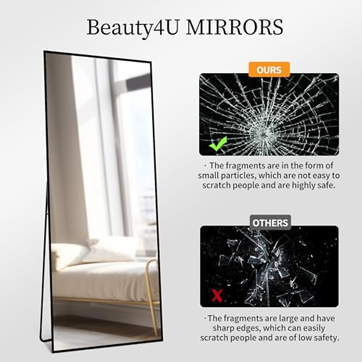 Beauty4U Beveled Edge Full Length Floor Mirror, 59" x 16" Free Standing Hanging or Leaning Body Mirror, Wall-Mounted Mirror Dressing Mirror for Bedroom, Bathroom, Black