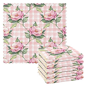 SUABO Pink Rose Plaid Checkered Kitchen Dishcloths, 6 Pack Dish Towels Quick Drying Tea Towels Absorbent Cleaning Towels Tableware Towel for Kitchen Bathroom