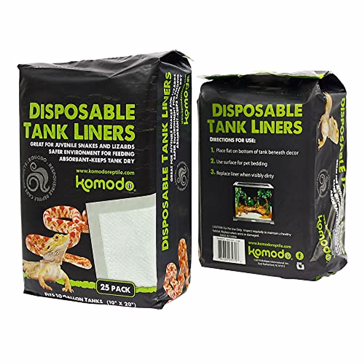 Komodo Reptile Terrarium Repti-Pads 20" X 10" Disposable Tank Liners | Absorbant - Keeps Tank Dry | Fits 10 Gallon Aquarium Habitat, 25 Pack