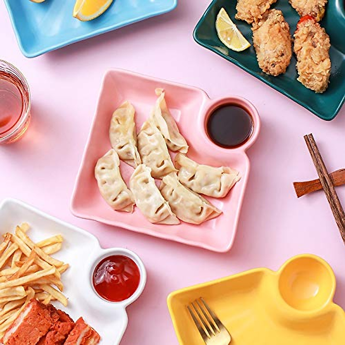 KOWMcp Dinner Plates Ceramic Dinner Plate, Ceramic Dumpling Plate with Vinegar Dish, White Yellow Green Pink, 18.3 * 4cm Japanese Tableware (Color : Yellow)