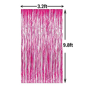 GOER 3.2 ft x 9.8 ft Metallic Tinsel Foil Fringe Curtains Party Photo Backdrop Party Streamers for Galentines Day,Birthday,Graduation,New Year Eve Decorations Wedding Decor (3 Pcs, Hot Pink)