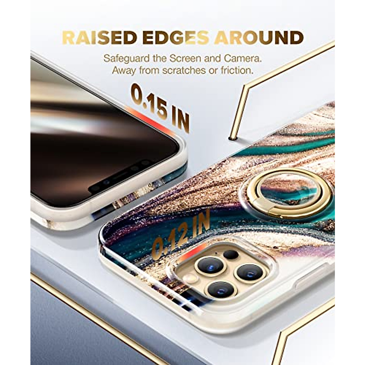 GVIEWIN for iPhone 12 Pro Max Case 6.7 Inch, Built-in 360° Rotate Ring Stand, Stylish Durable Marble Pattern Shockproof Kickstand Phone Holder Protective Case Cover (Drift Sand/Brown)