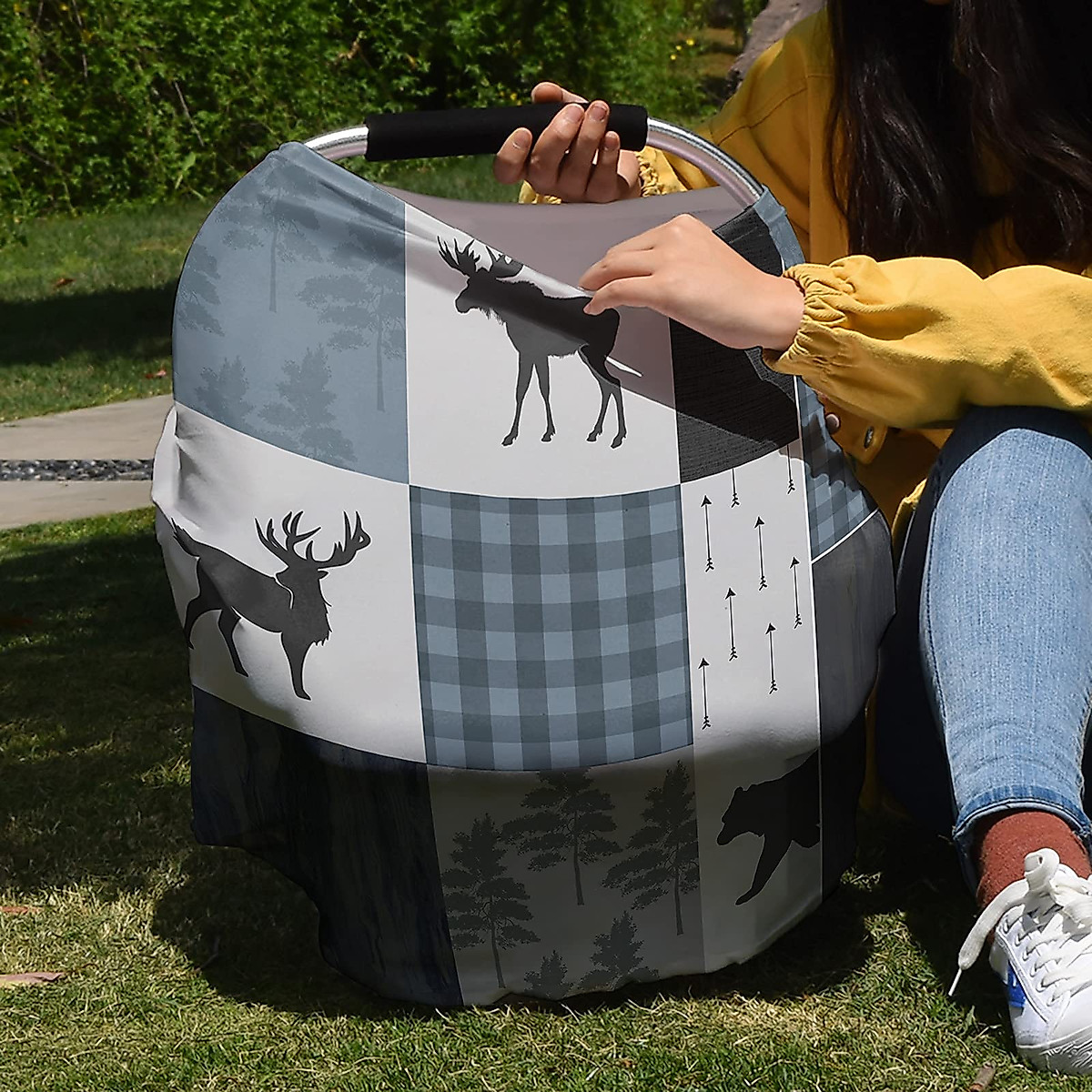Car Seat Canopy Nursy Cover, Retro Countryside Bear Moose Woods Multi Use Breastfeeding Scarf for Infant Carseat Canopy, Stroller, Shopping Cart, Highchair Grey Blue Plaid