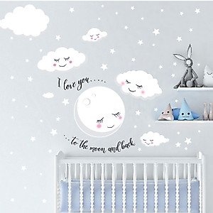 Moon and Stars Wall Decals Nursery Room Decor Night Sky Baby Nursery Wall Art Room Stickers Kids Room Toddler Girls Boys Bedroom Decoration (Love You Moon Back Quote)