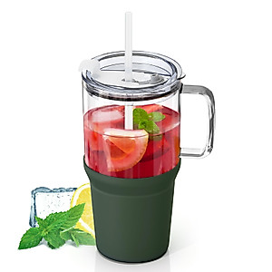 Zenbo Glass Tumbler with Lid and Straw, 32 oz Iced Coffee Cup with Handle, Glass Water Bottles with Silicone Sleeve, Glass Cup with Straws,BPA free