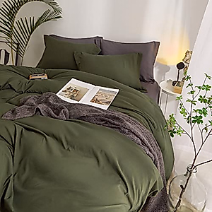 ROOMLIFE Cozy Pre-Washed Olive Green Duvet Covers Queen Size - Soft Washed Bed Set Boho Army Green Beding for All Season, 1 Comfy Comforter Cover with Zipper Closure and 2 Pillow Shams