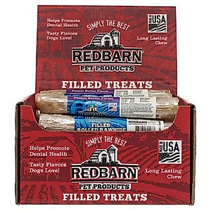 Redbarn Filled Rolled Rawhide for Dogs, Peanut Butter Flavor - Premium High Protein Low Fat Chew Treat - Case of 24