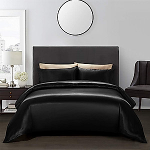 Kanak Bedding Satin Duvet Fitted Set, Ultra Soft Silky Satin 4 Pieces Duvet Cover Sets (1 Duvet Cover + 1 Fitted Sheet 15" Deep + 2 Pillow Shams),King Size,Black