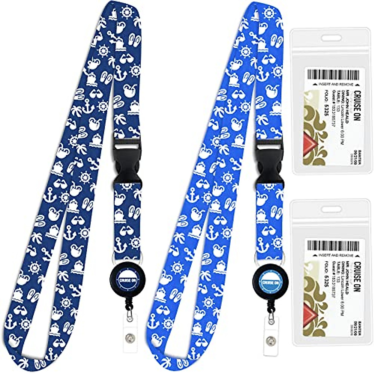 Cruise Lanyard Essentials for Ship Cards [2 Pack] Cruise Lanyards with ID Holder, Key Card Retractable Badge & Waterproof Ship Card Holders (Blue & Royal Blue)