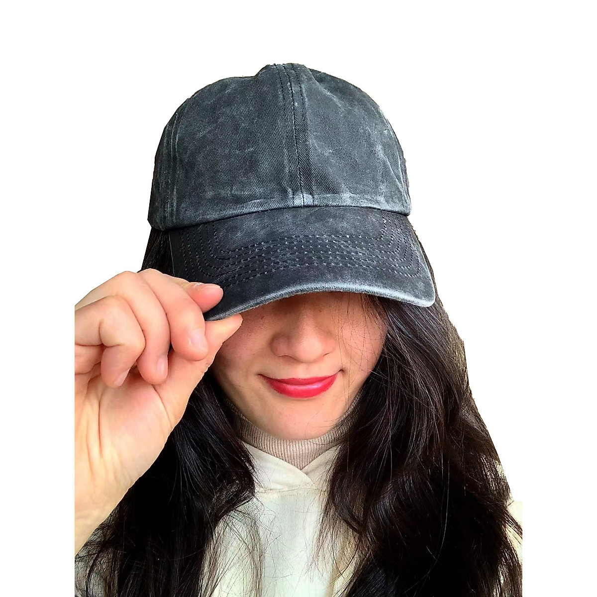 Distressed-Washed Ponycap Messy High Bun Ponytail Adjustable Cotton Baseball Cap Hat Half-Empty Top Sunshade Baseball Cap