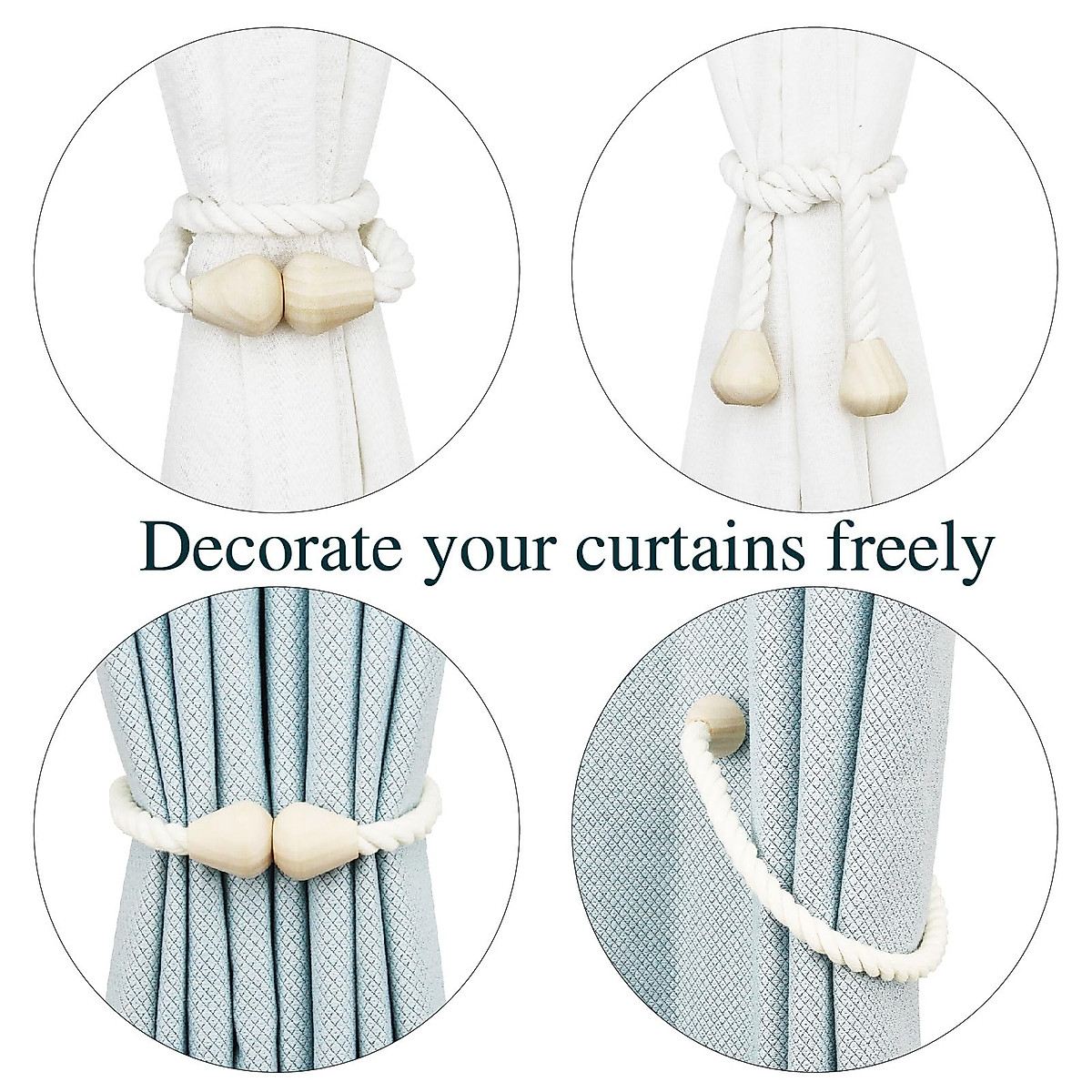 Hangtty Magnetic Curtain Tiebacks 2 Pack Cotton Boho Curtain Tie Back Decorative Rope Holdbacks for Curtains Draperies Outdoor Window Treatment Holdbacks, Cream