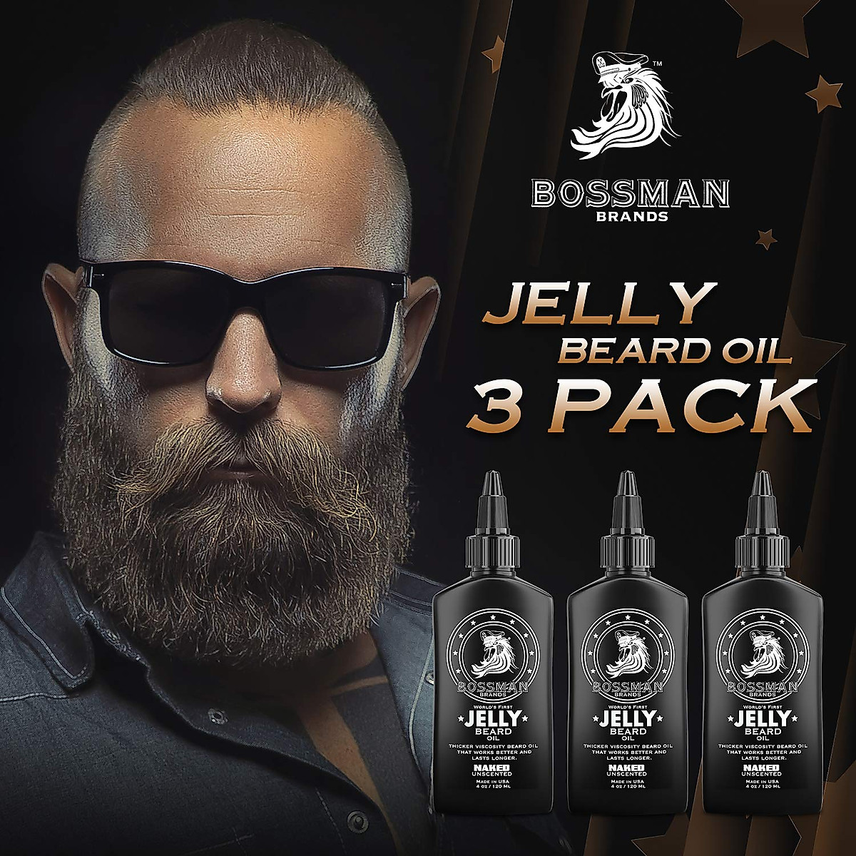 Bossman Jelly Beard Oil - Beard Growth Softener and Moisturizer Care - Larger 4oz, Bottle - 3 Pack Kit - Made in USA (Naked Scent)