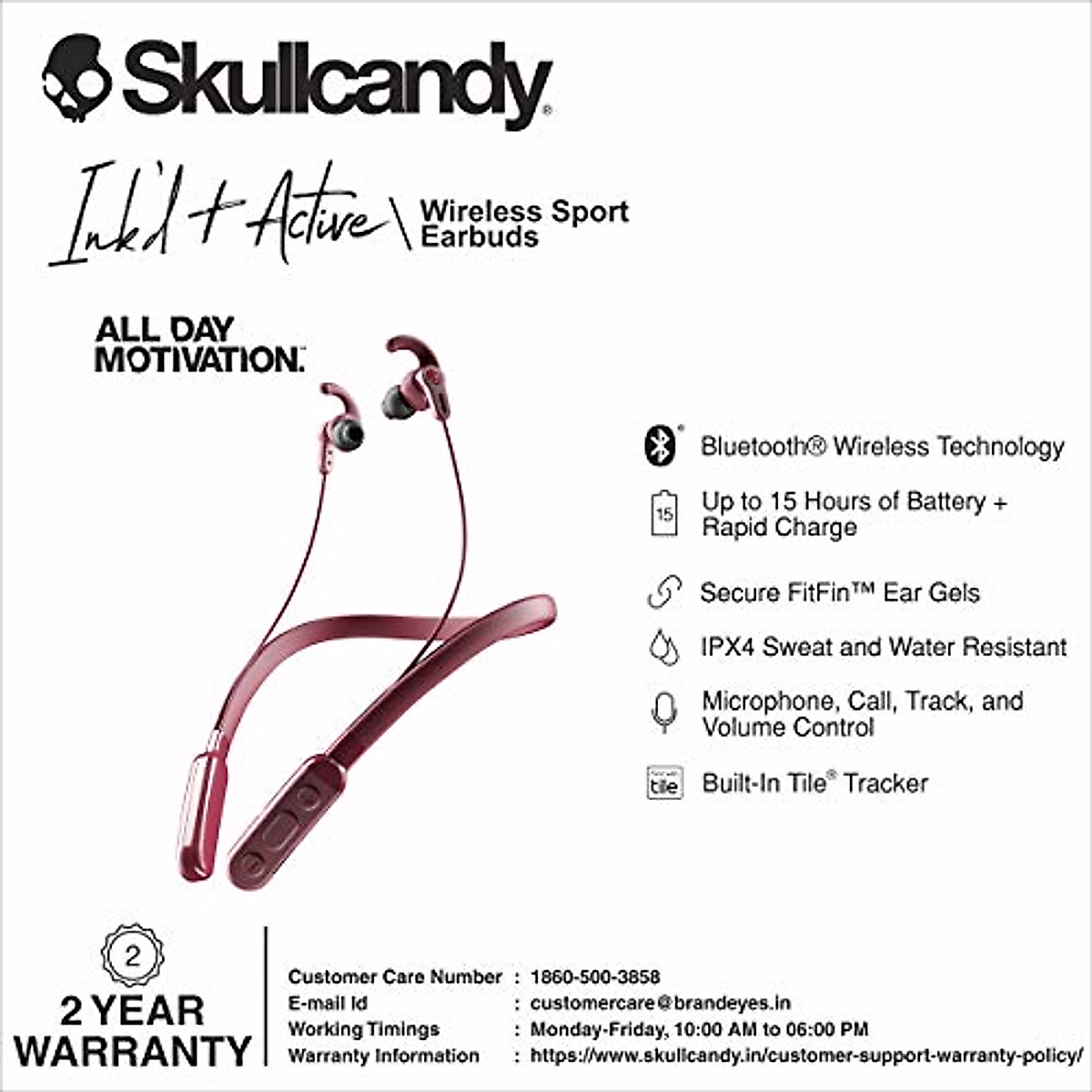 Skullcandy Ink'd+ Active Wireless In-Ear Earbud - Deep Red