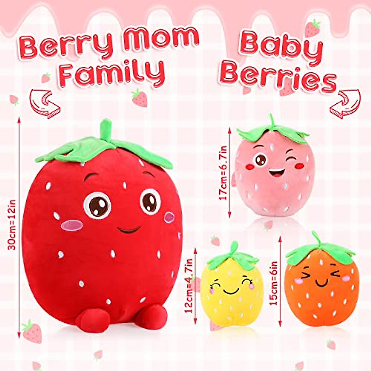 Queekay 4 Pieces Soft Strawberry or Pineapple Pillow Stuffed Toy Food Pillows Fruit Plush Pillow Kids' Plush Toy Pillows Fruit Hugging Cushion for Home Bedroom Office Supplies (Strawberry)