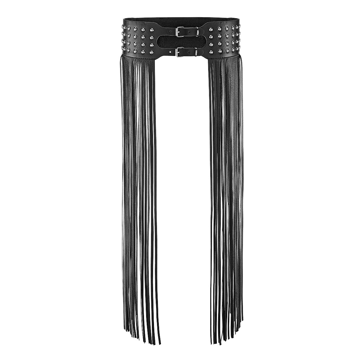 Ayliss Women Punk Waist Belt Rivet Studded Tassel Fringe Skirt Belt Double Grommet PU Leather Elastic Waistband Rocker (Black #1)