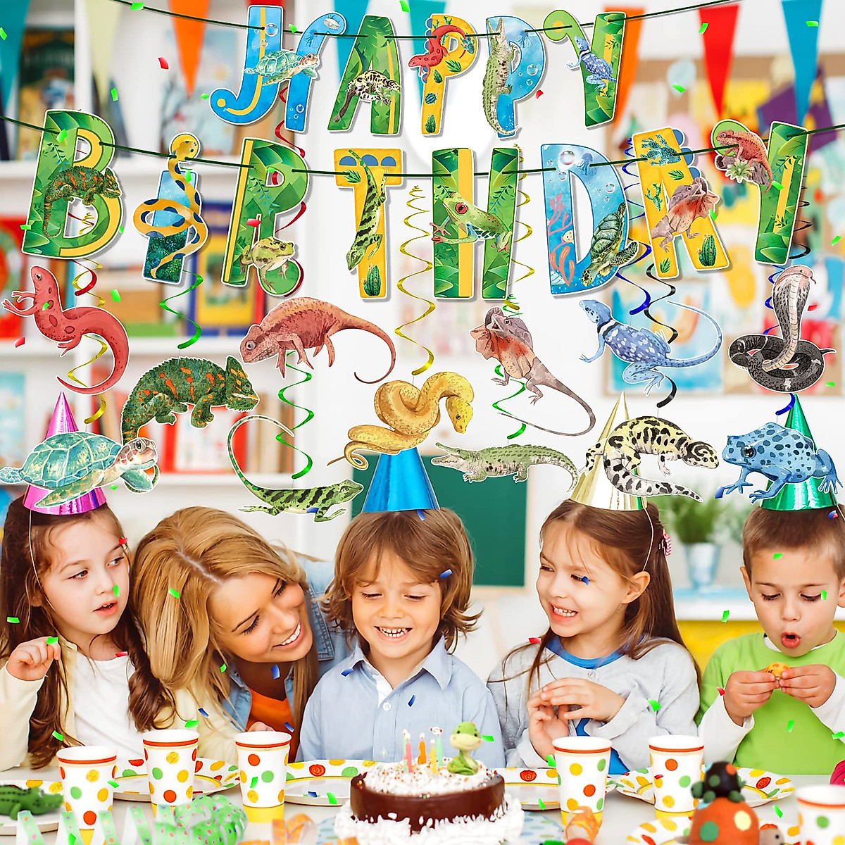 Reptile Birthday Party Supplies Reptile Swamp Happy Birthday Banner and 12 Pcs Reptile Hanging Swirls Safari Animals Lizard Snake Alligator Turtle Camping Wilderness Jungle Birthday Party Decorations