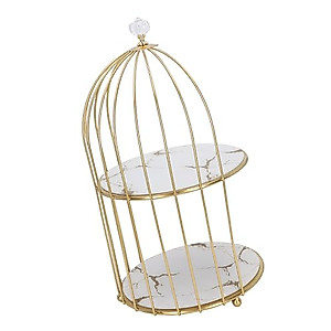 Syrisora Double Layer Storage Shelf Bird Cage Organizer Display Rack for Bathroom Countertop Dressing Table Gold Frame (White Base Gold Pattern)