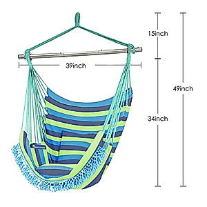 Gold Armour Hammock Chair Hanging Rope Swing Max 500lbs, 2 Seat Cushions Included, Hanging Chair with Pocket-Quality Cotton Weave for Superior Comfort & Durability (Blue Green Stripe)