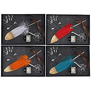 GLOGLOW Feather Pen Set, Vintage Calligraphy Writing Pen Kit with 5pcs Replacement Nib, Seal, Empty Ink Bottle for Office Stationery(Red)