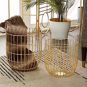 Deco 79 Contemporary Metal Round Storage Basket, Set of 2 13", 11"W, Gold