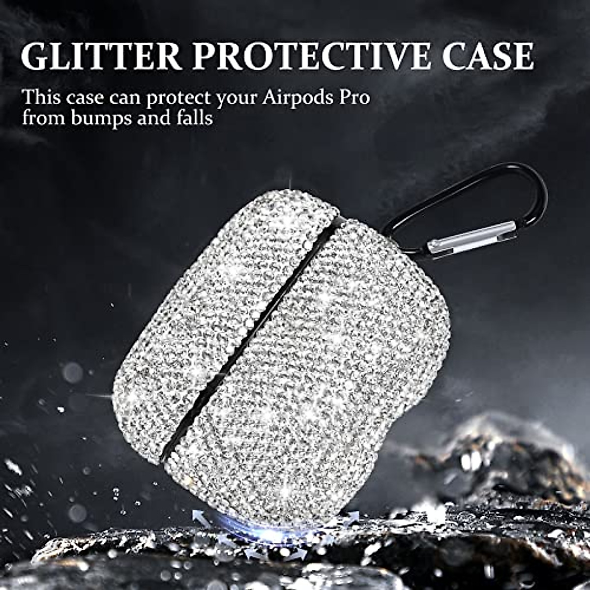 Newseego for AirPods Pro Case,Sparkly Rhinestone Luxurious AirPods Pro Cover Gift Kit Keychain+Anti-Lost Strap+Ear Hooks+Watch Band Holder Glitter PC Shockproof AirPod Pro Protective Cases-Silver