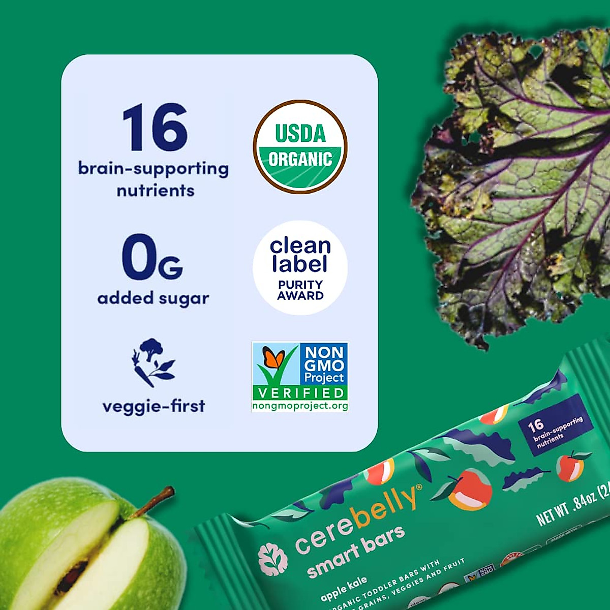 Cerebelly Toddler Snack Bars – Organic Apple Kale Smart Bars (Pack of 5), Healthy Snack Bars for Kids - 16 Brain-supporting Nutrients