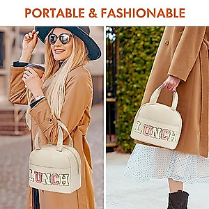 DIRGEE Lunch Bag for Women Insulated Lunch Bag For Men PU leather Small Lunch Bag for Office Work lunch Bag with Chenille Letters Leakproof Freezable Cooler Bag Reusable Portable Lunch Box (White)