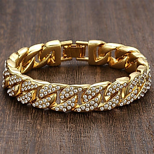 Aiyo Nice Mens Womens Cuban Link Bracelet Hip Hop Bracelet Gold Chain Bracelet Iced Out Curb Cuban 18k Gold Plated Bracelet With Clear Rhinestones (A-Gold-7.79in)