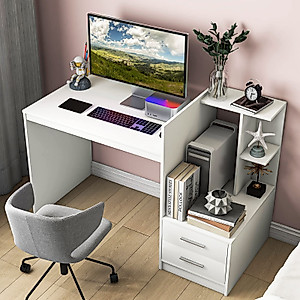 Tangkula White Desk with 2 Storage Drawers & Bookshelf, Home Office Desk with Corner Bookshelf & Printer Stand, Small Writing Study Desk for Small Space, Modern Vanity Table for Bedroom (White)